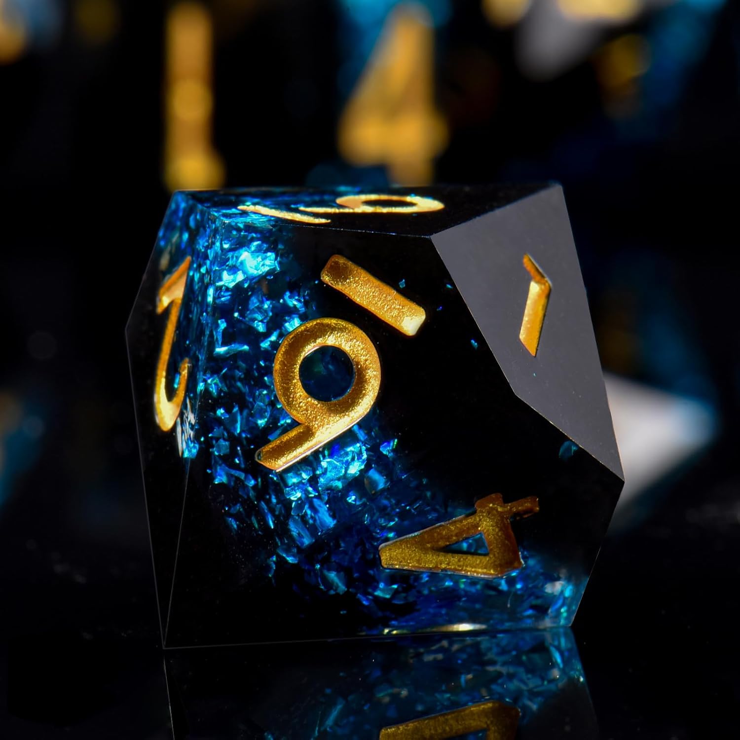 Handmade sharp edge dice Black blue gold font - DutchiesenDragons